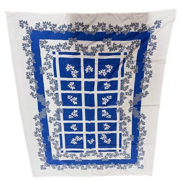 Vintage | Kitchen | Vintage Blue Block Print Linen Cotton Table Cloth ...